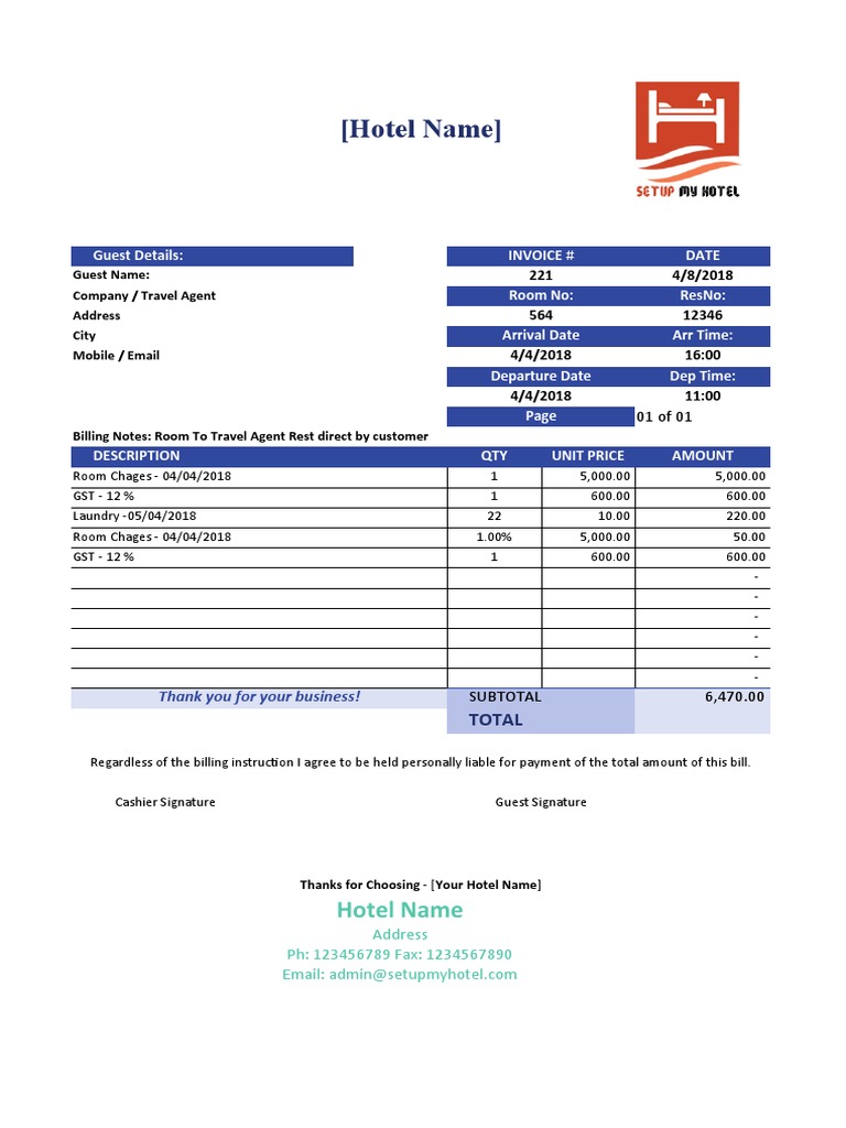 Hotel Invoice Sample 7 | PDF | Business Documents | Payments
