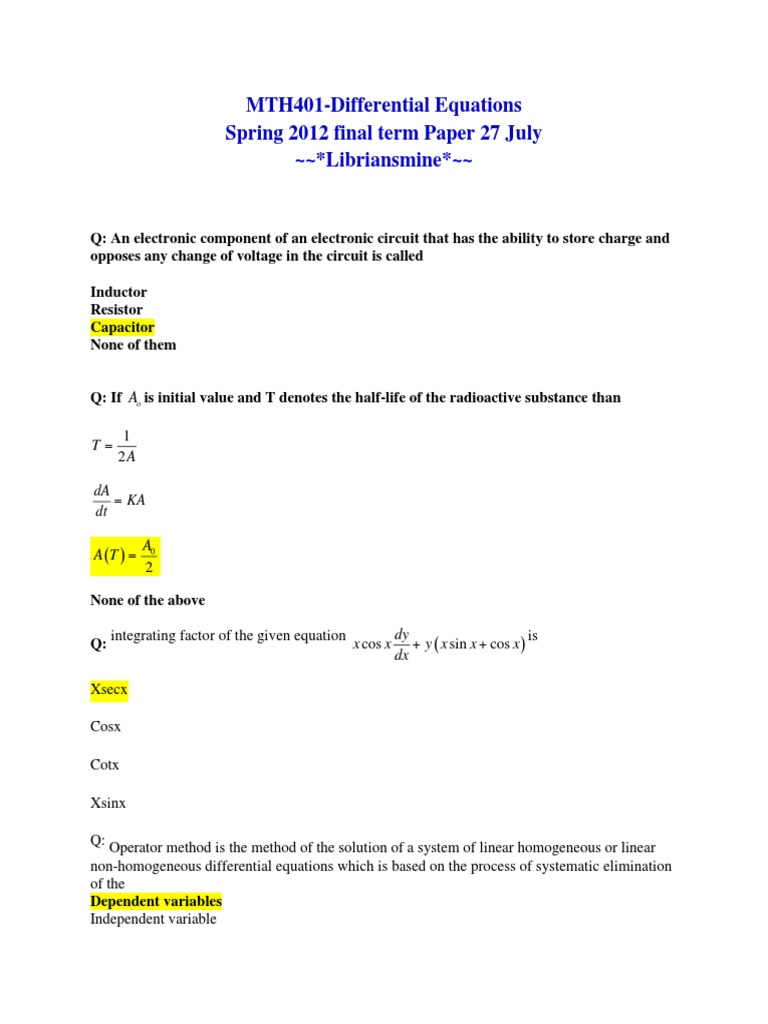mth401 Finalterm2012mine | PDF | Electrical Network | Eigenvalues And ...