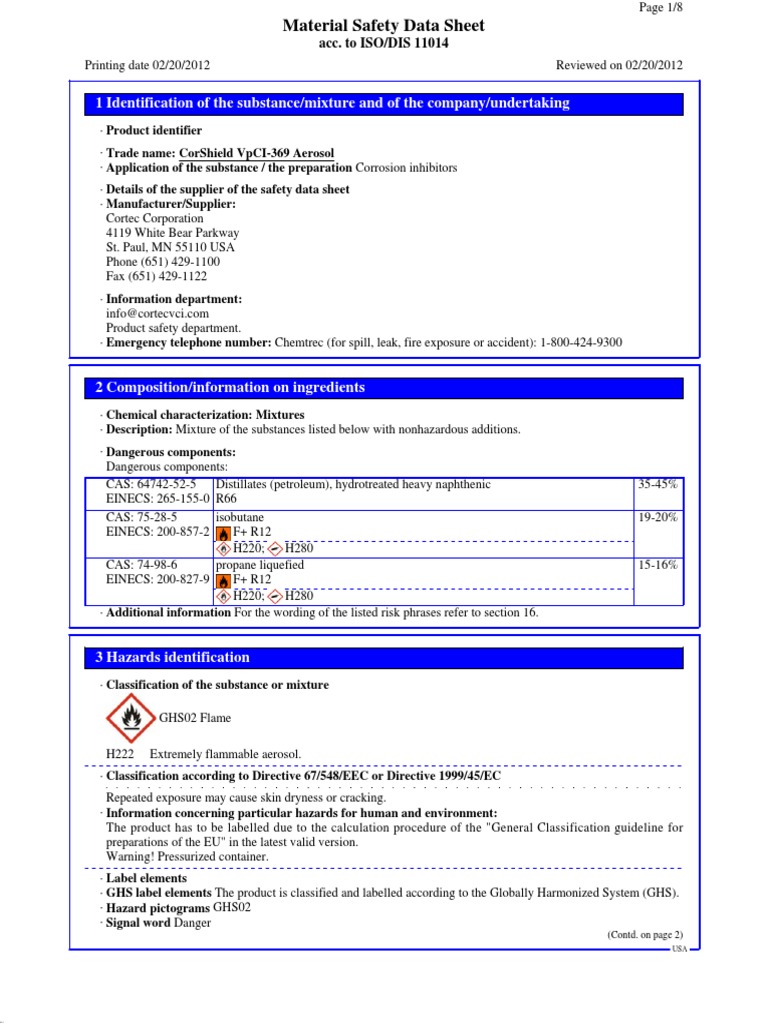 MSDS-CorShield VpCI-369 Aerosol Corrosion Inhibitor | PDF | Dangerous ...