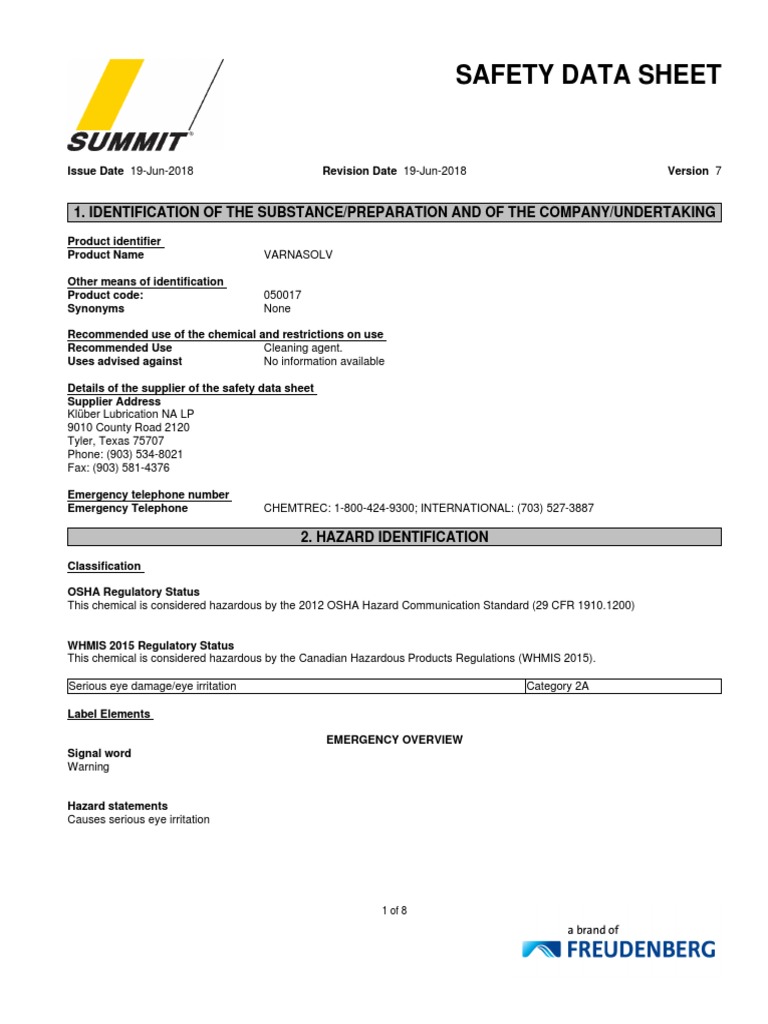 MSDS-Summit VarnaSolv Cleaning Agent | PDF | Superfund | Toxicity