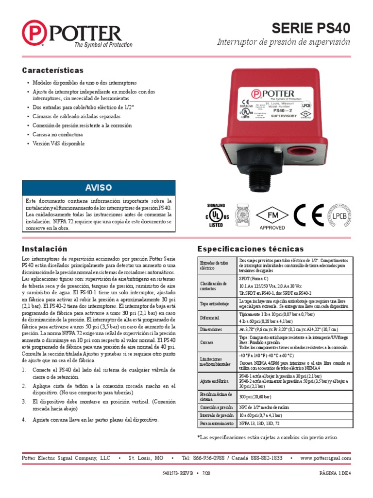 FT PS40 Interruptor Potter | Descargar gratis PDF | Tornillo | Presión