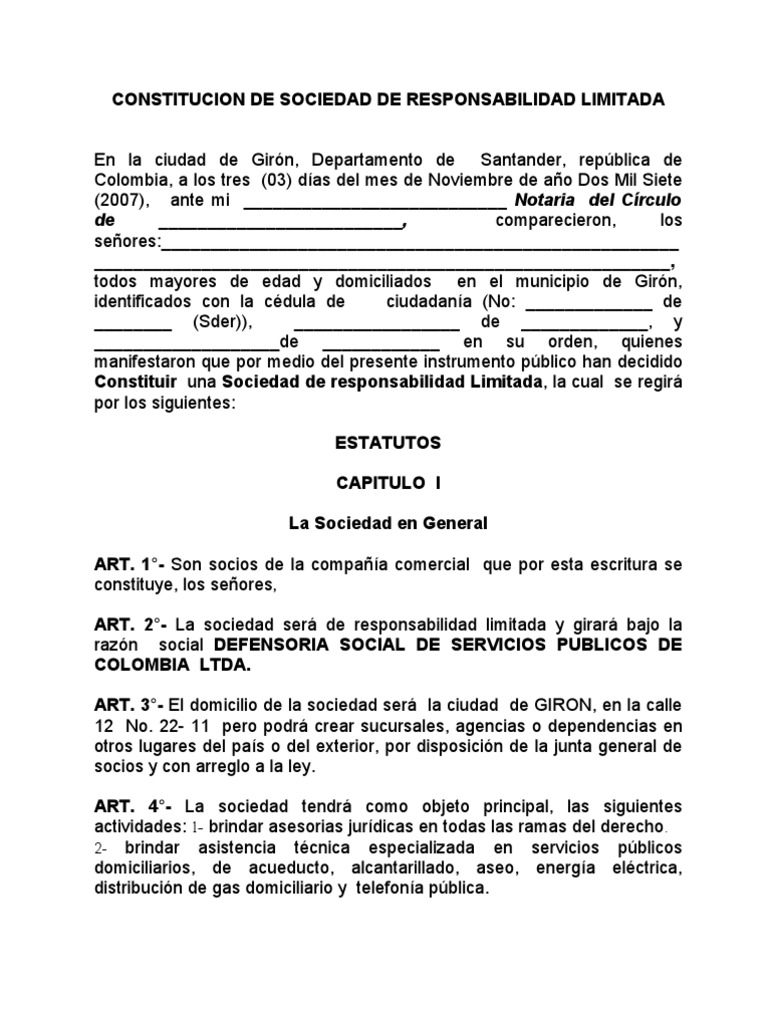 Constitucion de Sociedad Limitada | PDF | Sociedad de responsabilidad limitada | Gobierno