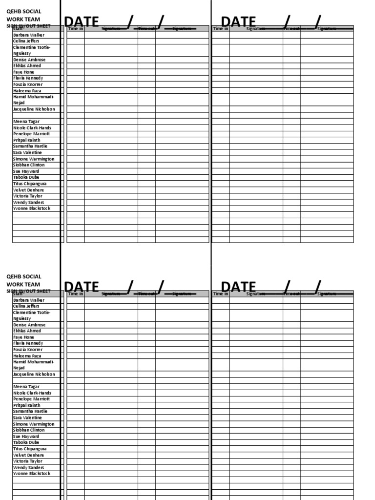 Social Worker - Sign in Sheet