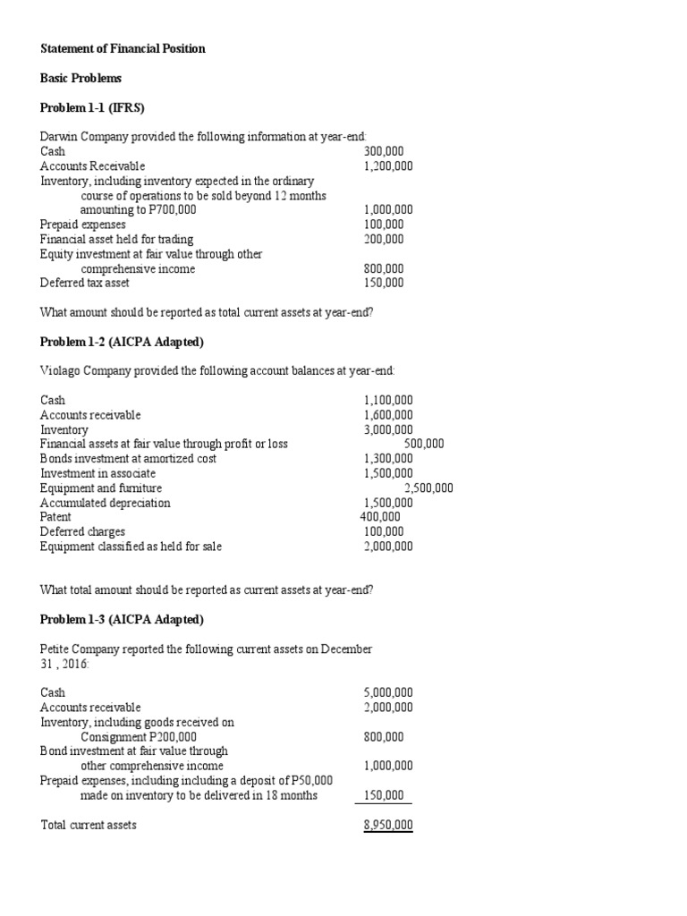 Statement of Financial Position Basic Problems Problem 1-1 (IFRS) | PDF ...