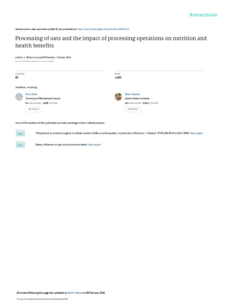 Processing of Oats and The Impact of Processing Op | PDF | Oat | Oatmeal