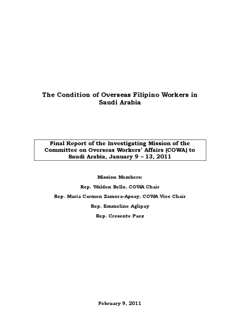 The Conditions of Overseas Filipino Workers in Saudi Arabia | PDF ...
