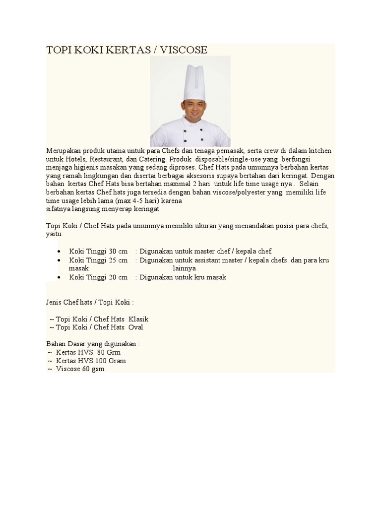 Topi Koki Kertas untuk Chef Profesional | PDF | Memasak, Makanan ...