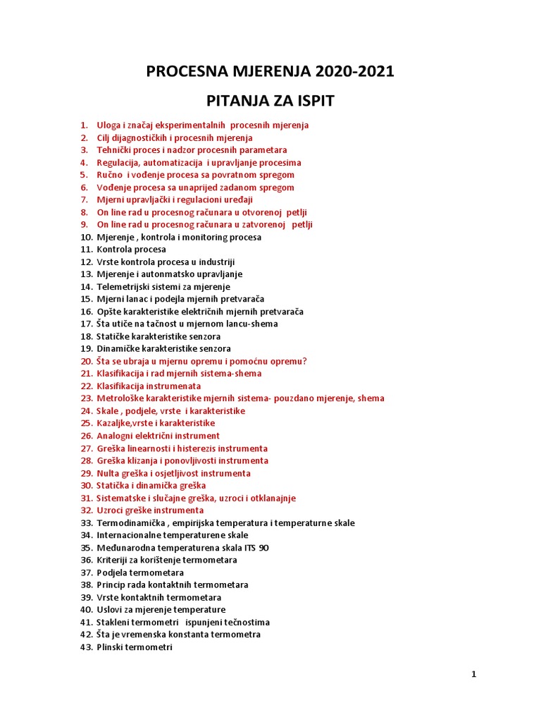 Pitanja Za Procesna Mjerenja 2020-2021 | PDF