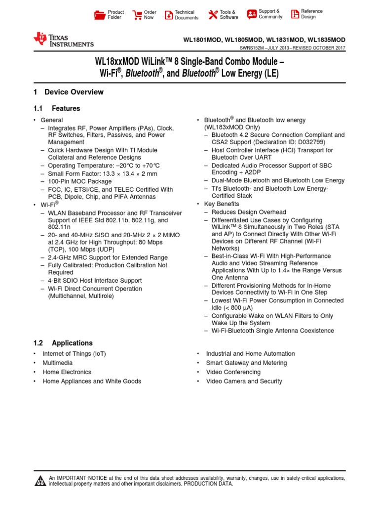 Wl18Xxmod Wilink™ 8 Single-Band Combo Module - Wi-Fi, Bluetooth, and ...