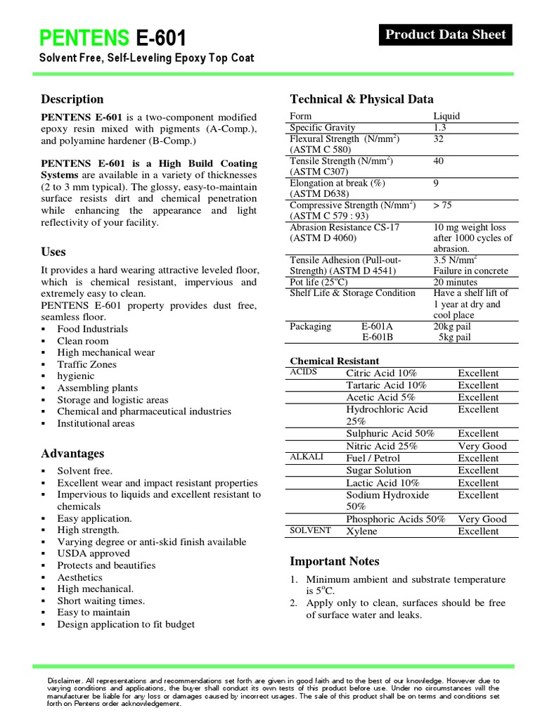 Pentens E-601 Data Sheet | PDF | Epoxy | Wear
