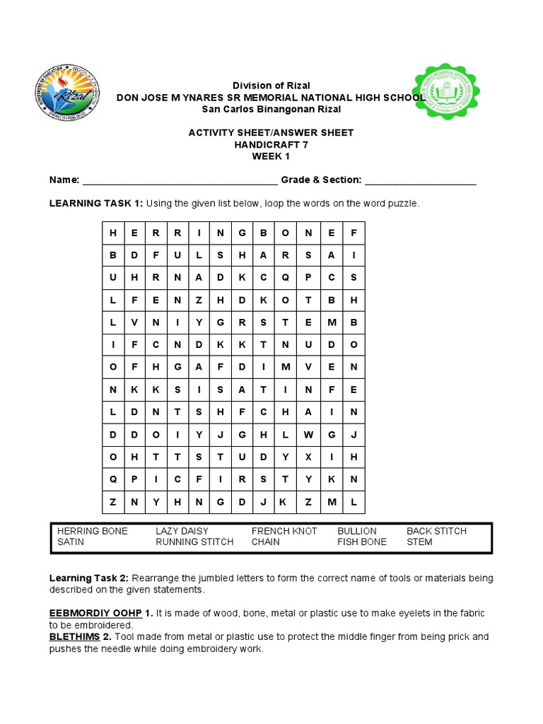 ACTIVITY-SHEET HANDICRAFT7 Final | Download Free PDF | Yarn | Embroidery