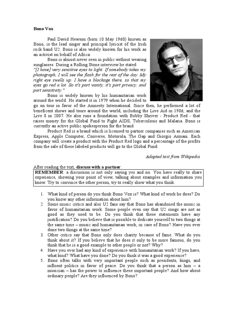 Bono Vox and Humanitarian Work INTERMEDIATE 1 | PDF | Bono ...