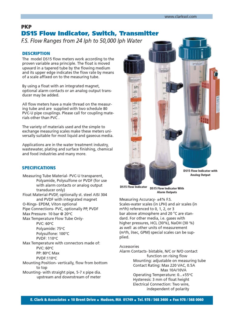 DS15 Flow Indicator, Switch, Transmitter: F.S. Flow Ranges From 24 LPH ...