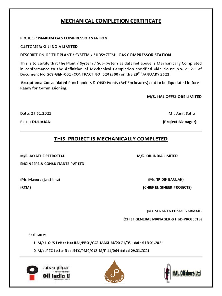 Mechanical Completion Certificate for Makum | PDF