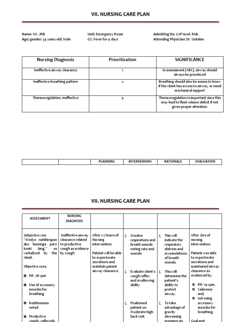 Vii. Nursing Care Plan: Nursing Diagnosis Prioritization Significance ...