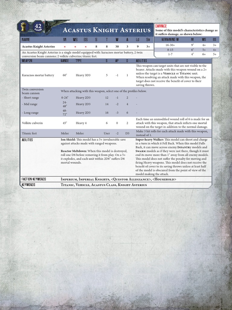 Acastus Knight Asterius: Name M WS BS S T W A LD SV | PDF | Hazards ...