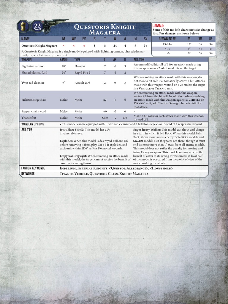 Questoris Knight Magaera: Name M WS BS S T W A LD SV | PDF | Military ...