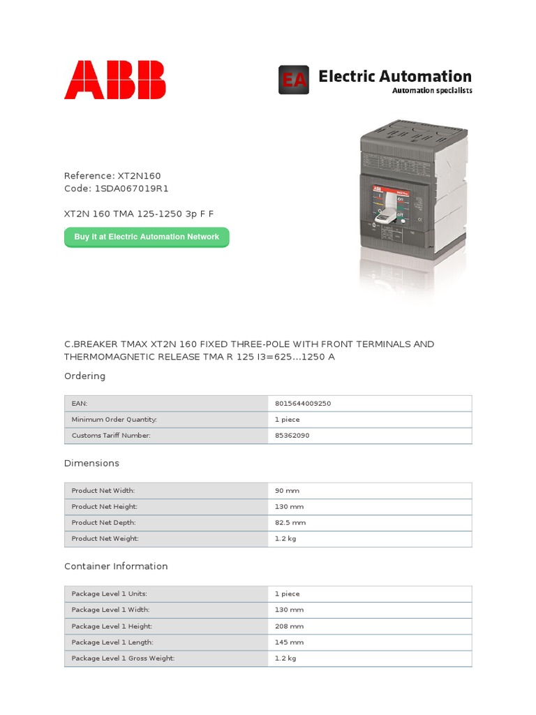 Reference: XT2N160 Code: 1SDA067019R1 XT2N 160 TMA 125-1250 3p F F | PDF | Alternating Current ...