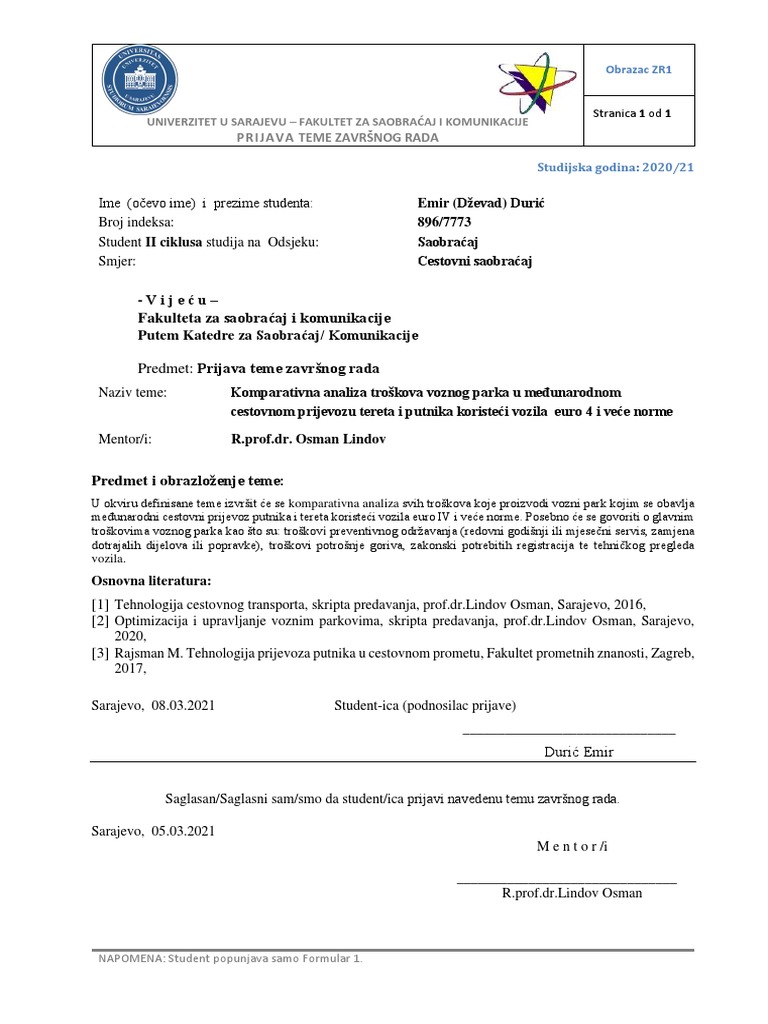 Obrazac-ZR1 Emir Duric | PDF