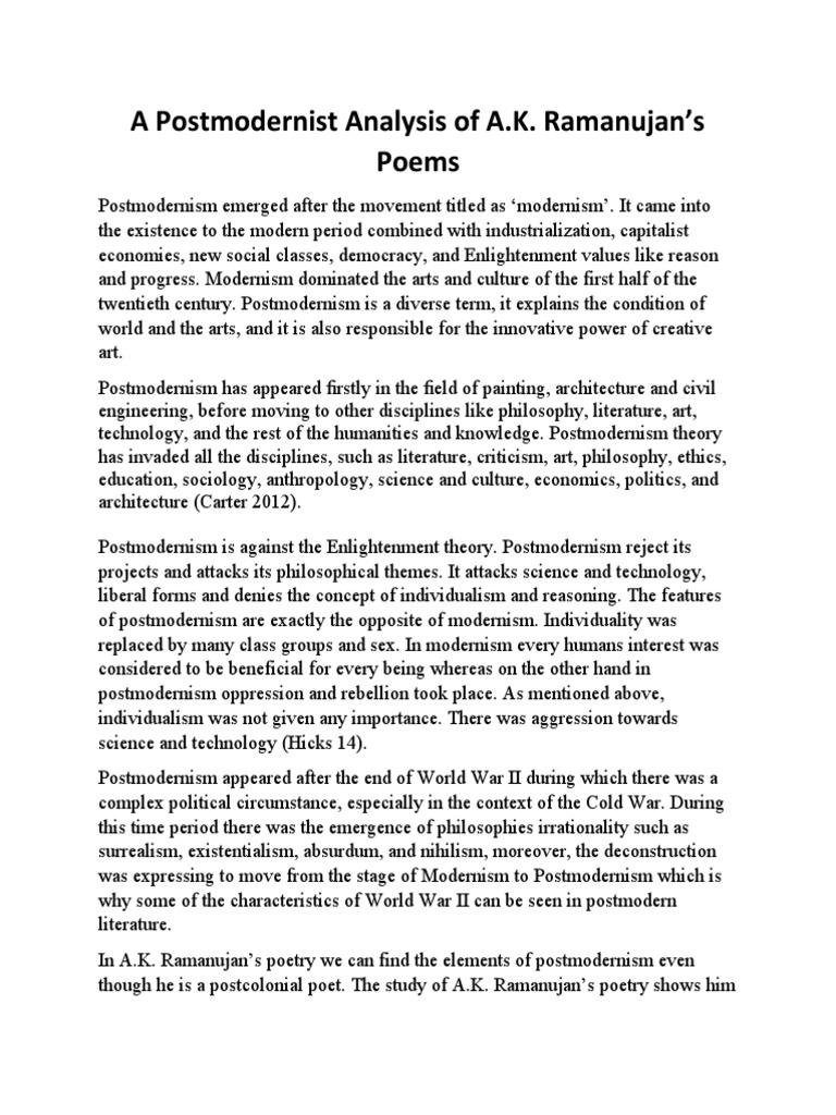A Postmodernist Analysis of A.K. Ramanujan's Poems | PDF ...