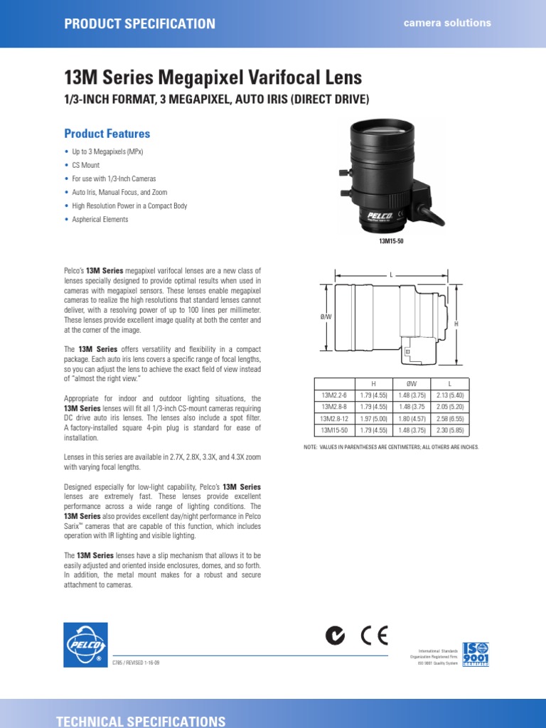 13M Series Megapixel Varifocal Lens: Product Specification | PDF ...