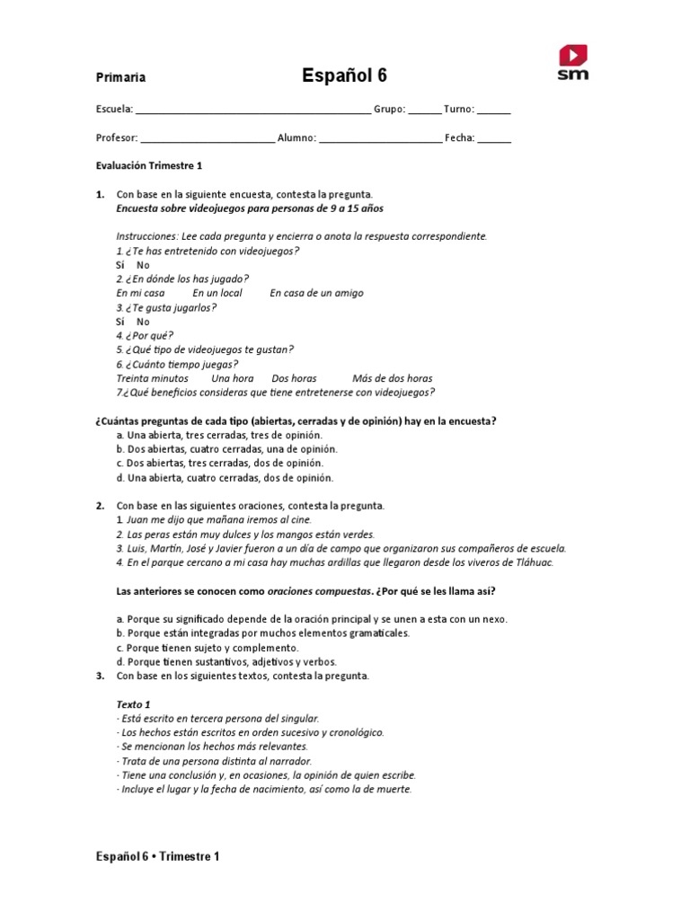 Espanol 6 EVALUACION TRIMESTRE 1 ALUMNO | PDF | Biografía