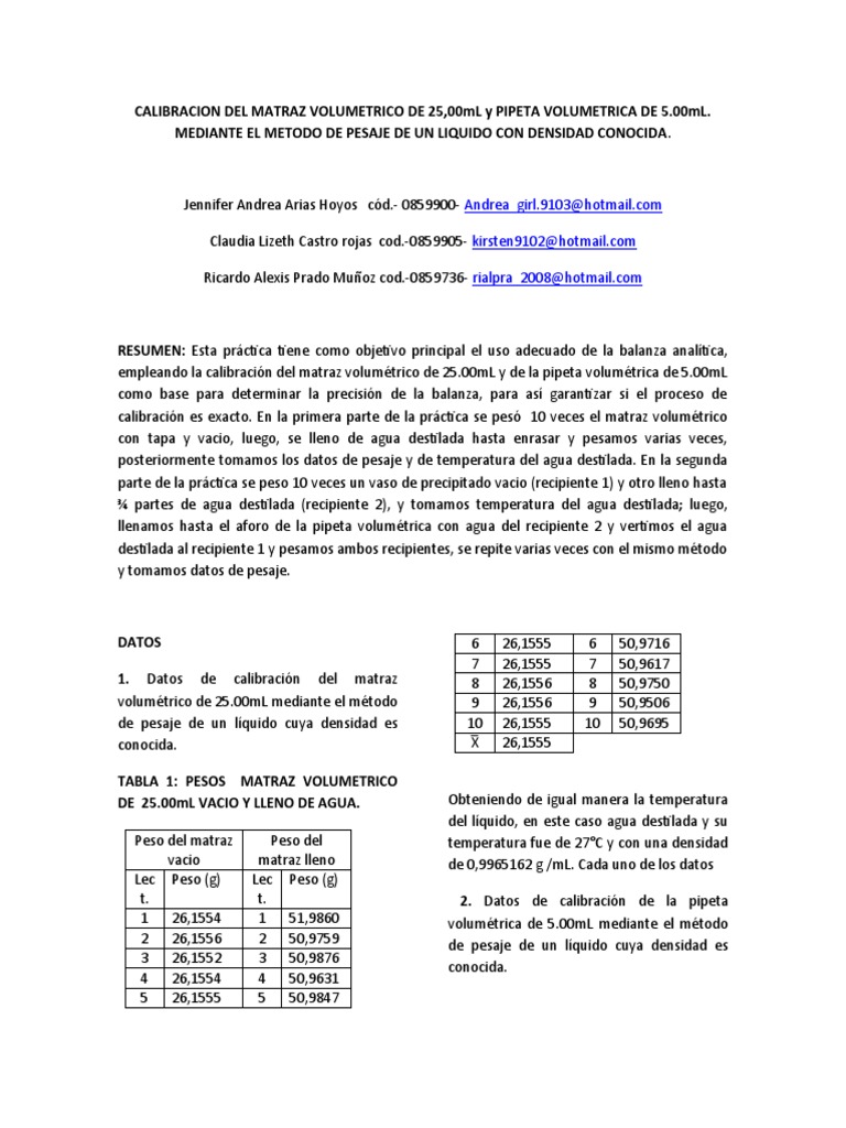 Calibracion de Un Matraz Volumetrico de 25 | PDF | Balanza | Calibración