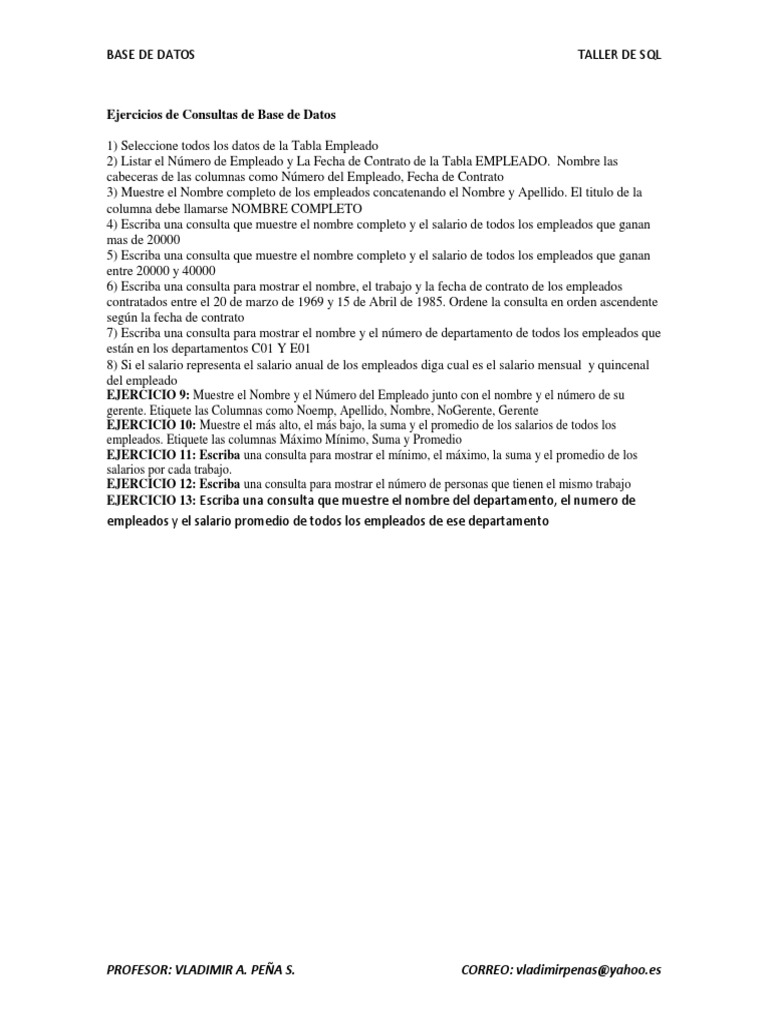 Taller 3 Ejercicios de SQL 23112017 | PDF