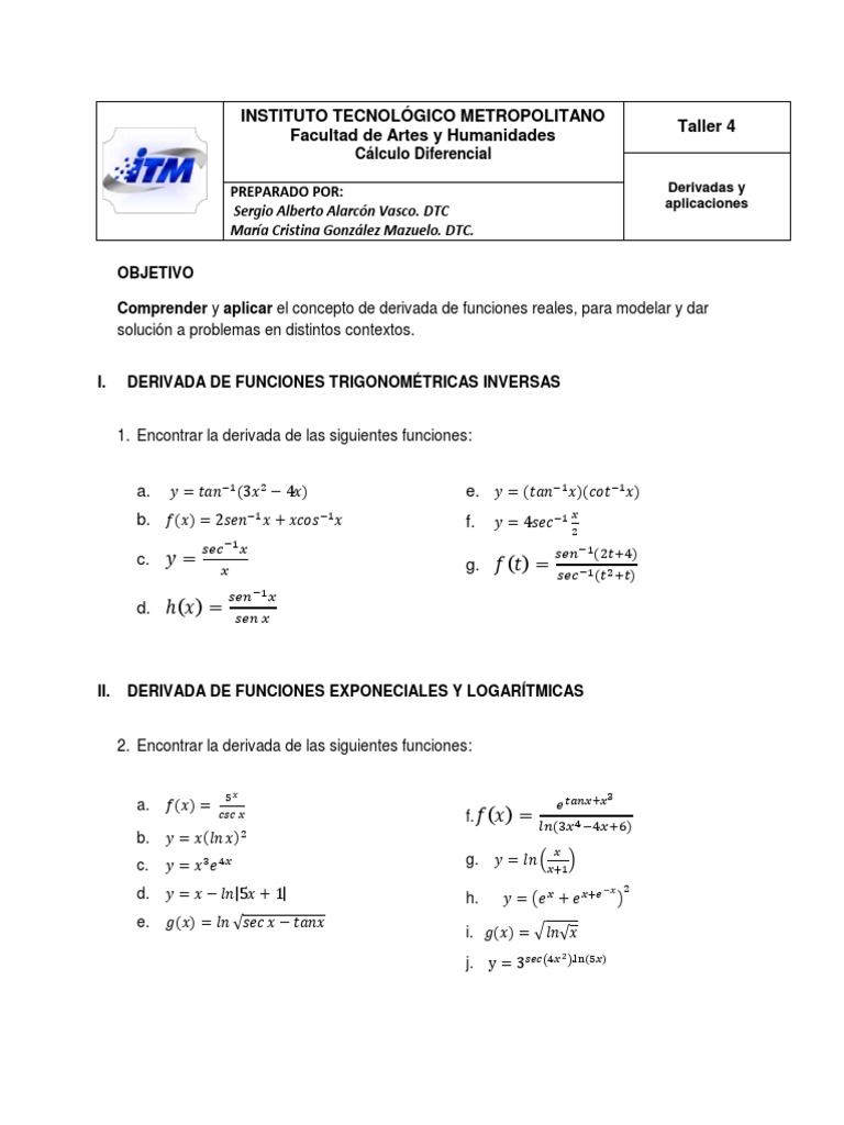 Taller 4 CD Derivada y Aplicaciones de La Derivada | Descargar gratis PDF | Resistencia ...