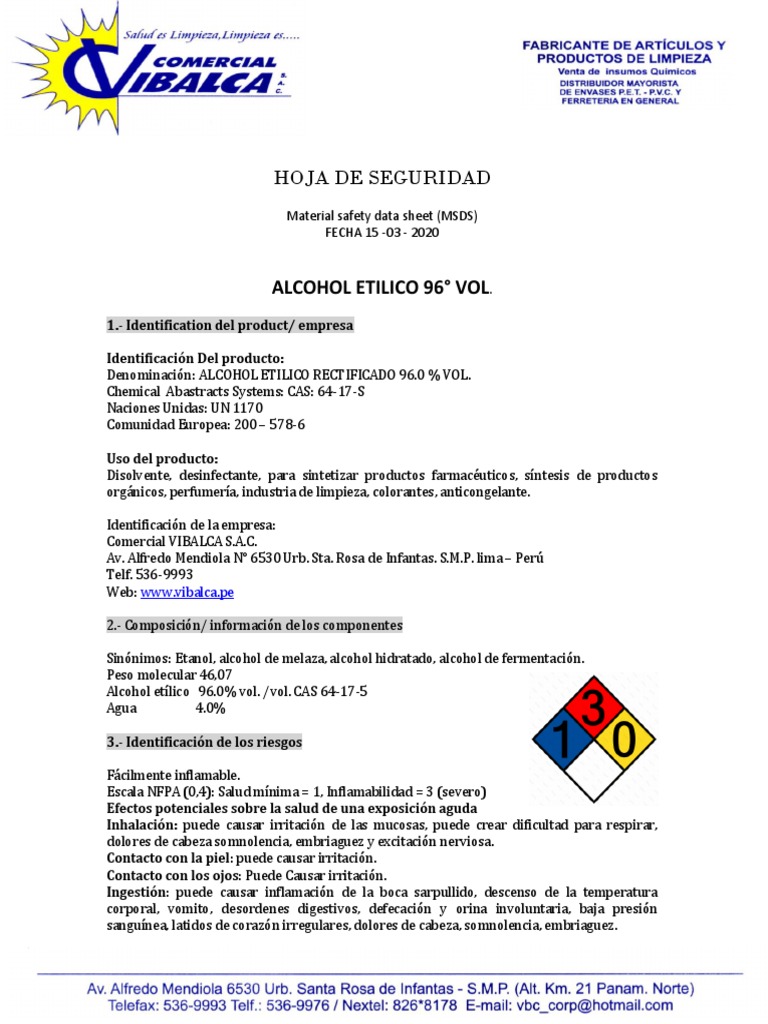 MSDS Alcohol 96 Vibalca | PDF | Etanol | Solvente