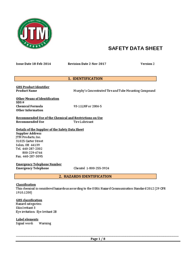 Safety Data Sheet: 1. Identification | PDF | Superfund | Toxicity