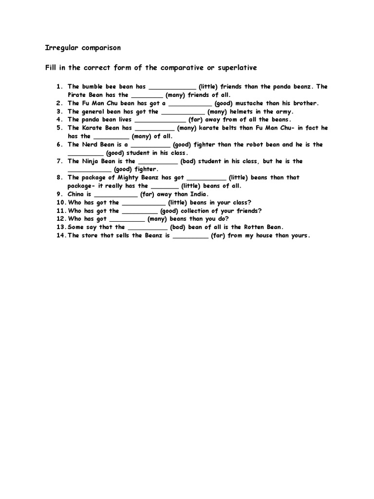 Irregular Comparison Fill in The Correct Form of The Comparative or ...