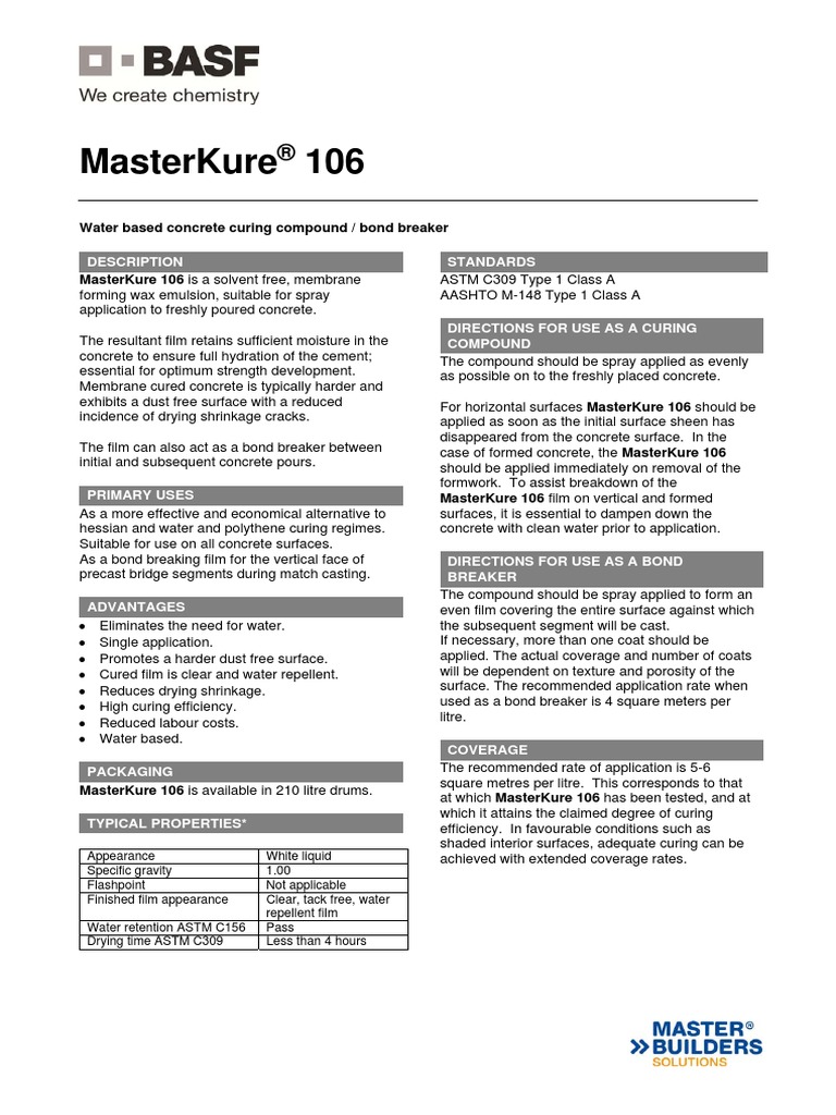 Masterkure 106 Tds | PDF | Concrete | Water