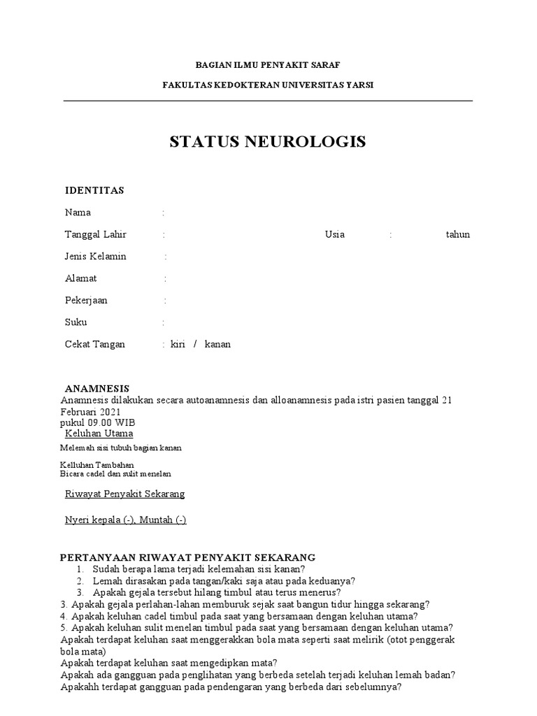 Status Neurologis - DR Ida SPS | PDF