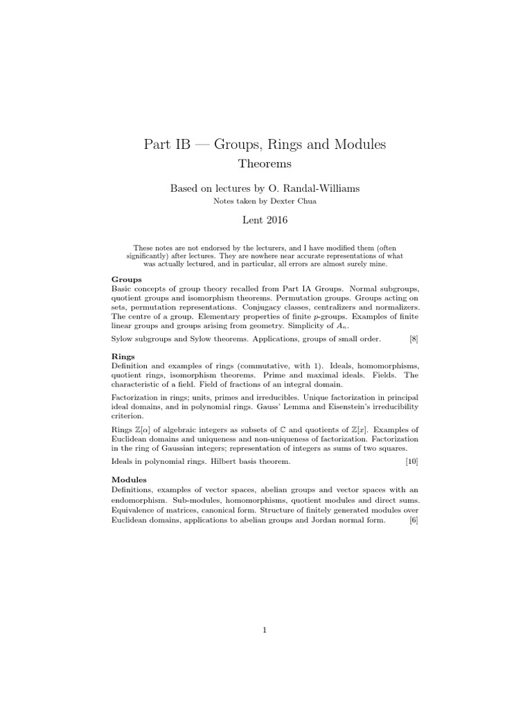 Part IB - Groups, Rings and Modules: Theorems | PDF | Ring (Mathematics ...