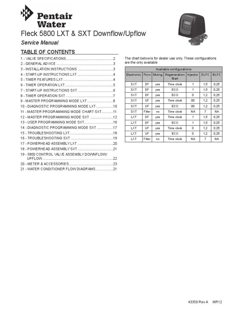 Fleck 5800 LXT & SXT Downflow/Upflow: Service Manual | PDF