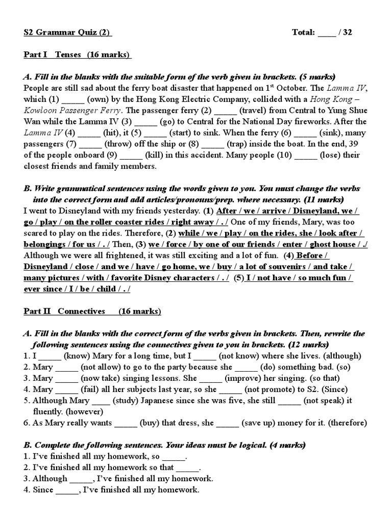 Quiz On Connectives and Tenses Tests - 34805 | PDF | Human ...