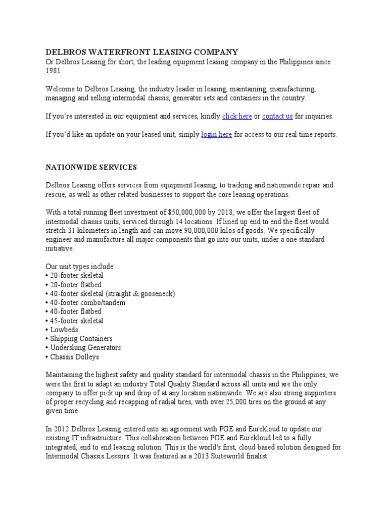 Delbros Waterfront Leasing Company | PDF | Transport | Economies
