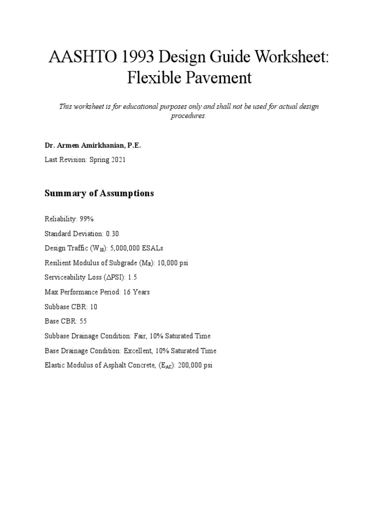 AASHTO 1993 Design Guide Worksheet Flexible Pavement | PDF