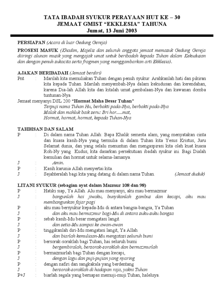 Tata Ibadah Syukur HUT Ke-30 GMIST | PDF | Agama & Spiritualitas