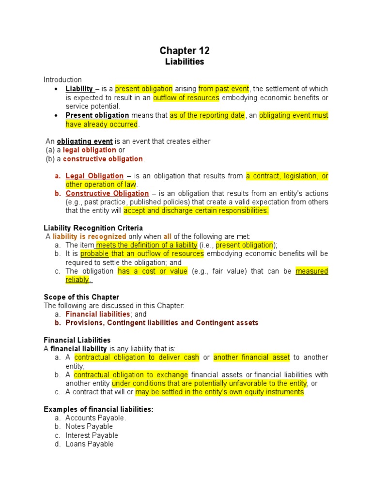 Liabilities: Legal Obligation Constructive Obligation A. Legal ...