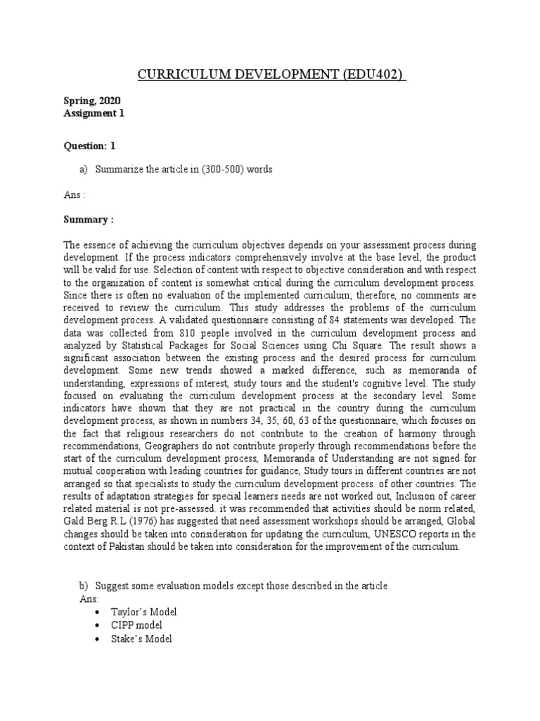 Assignment 1 Curriculum Development Pdf Curriculum Thought