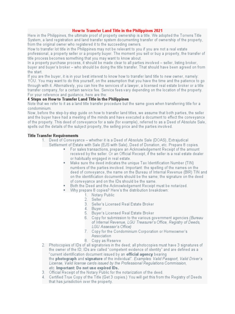 How To Transfer Land Title in The Philippines 2021 | PDF | Conveyancing ...