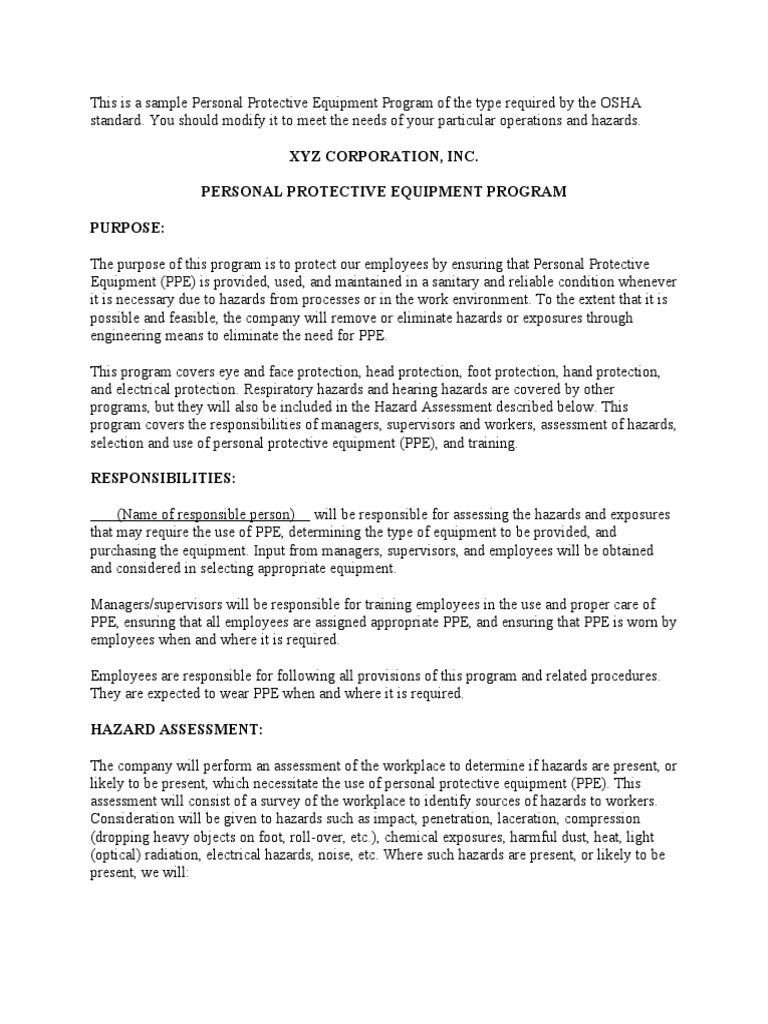Sample Ppe Program | PDF | Workplace | Personal Protective Equipment