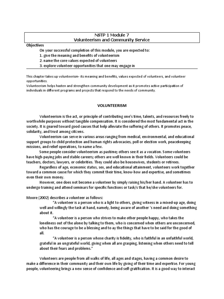NSTP 1 Module 7 Volunteerism and Community Service Objectives | PDF ...
