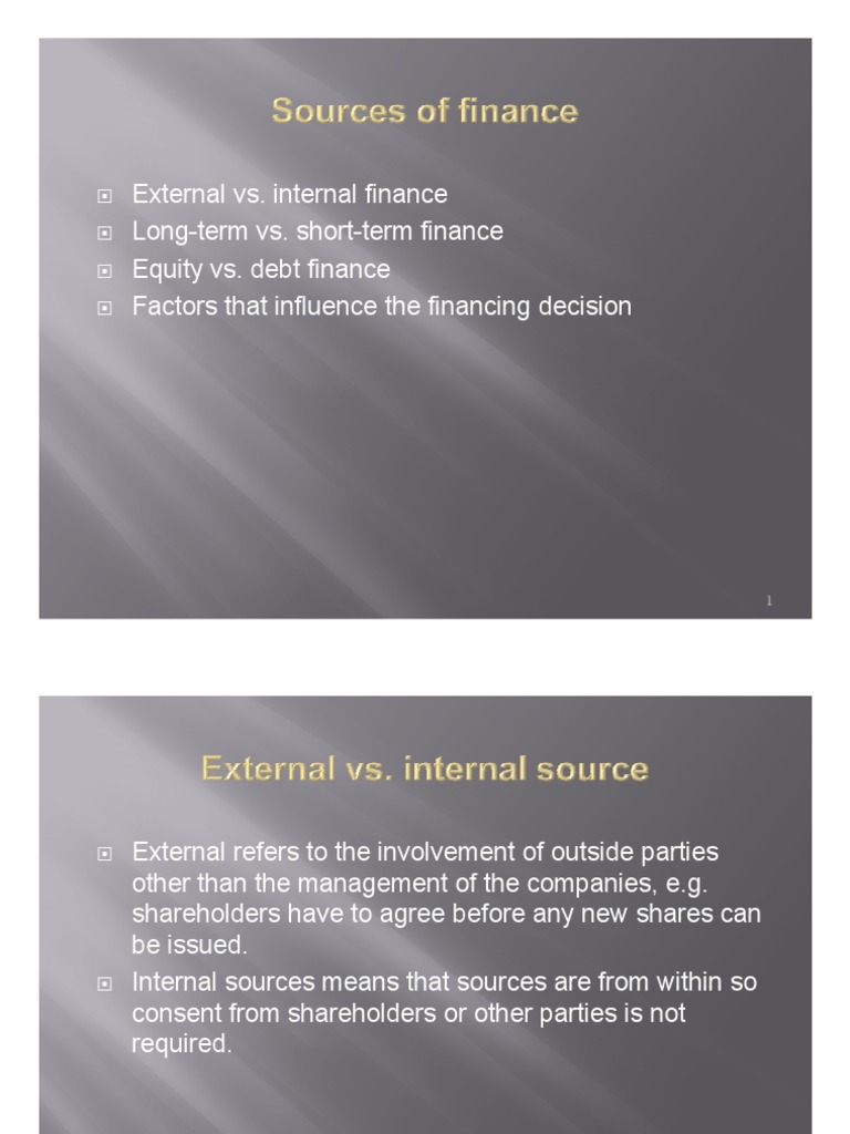 External vs. Internal Finance Long-Term vs. Short-Term Finance Equity ...
