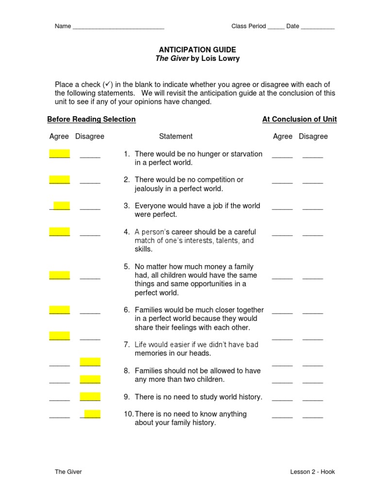 Anticipation Guide for The Giver | PDF | Career & Growth | Self-Improvement