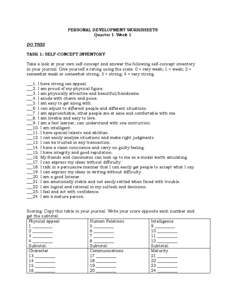 Personal Development Worksheets WK 1 - 1 | PDF | Concept | Evidence