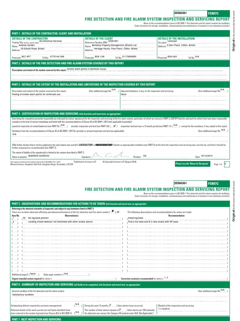 Fire Detection And Fire Alarm System Inspection And Servicing Report