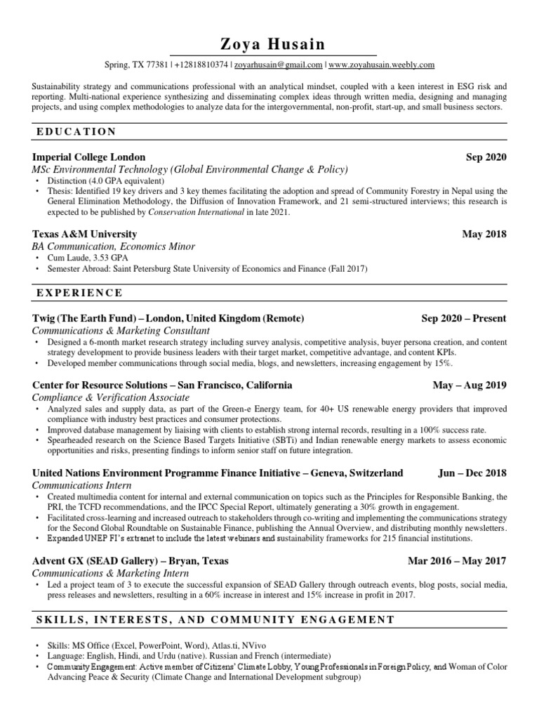 Zoya Husain Resume | PDF | Sustainability | Science